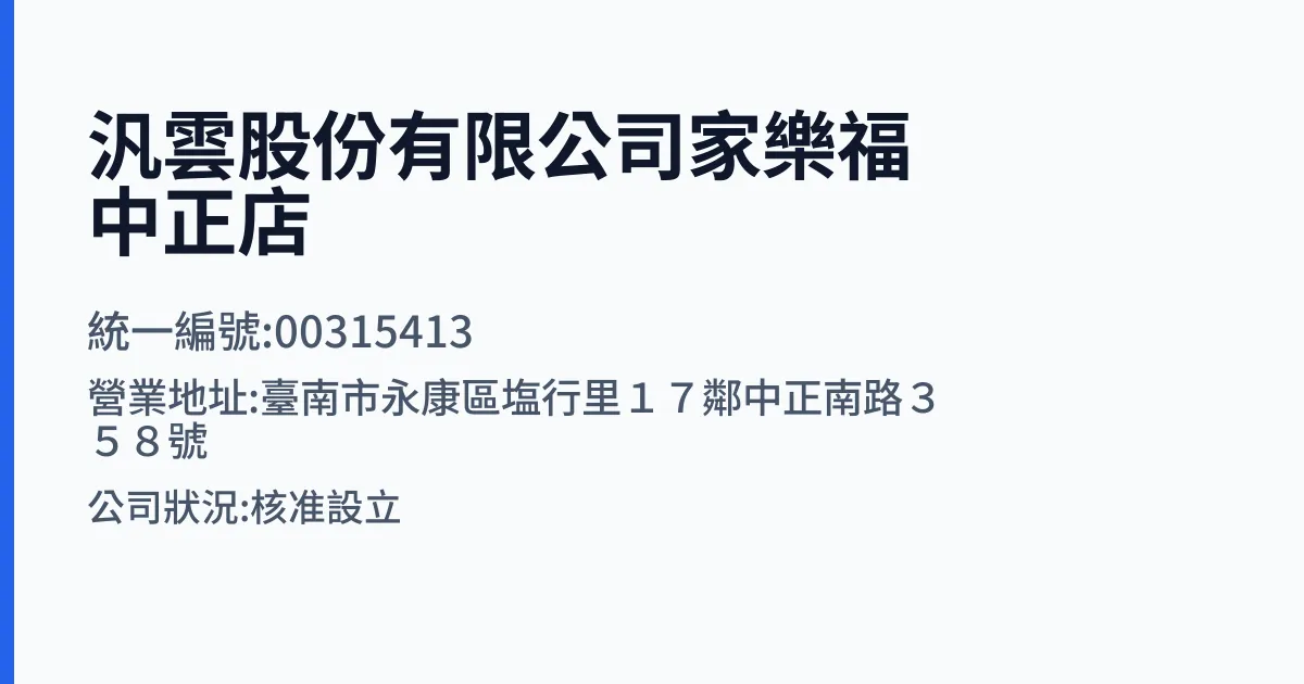 汎雲股份有限公司家樂福中正店 - 統編 00315413(臺南市) 公司登記資料與營業項目詳細圖表
