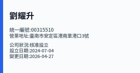 劉耀升的照片-統編 00315510(臺南市) 公司登記資料與營業項目詳細圖表