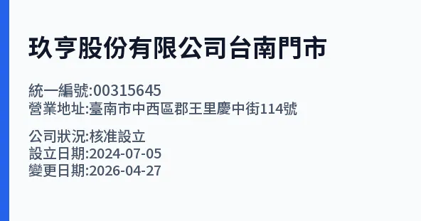 玖亨股份有限公司台南門市的照片-統編 00315645(臺南市) 公司登記資料與營業項目詳細圖表