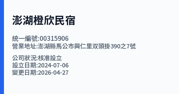澎湖橙欣民宿的照片-統編 00315906(澎湖縣) 公司登記資料與營業項目詳細圖表