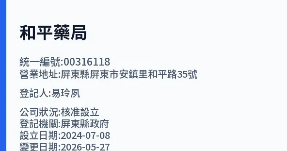 和平藥局的照片-統編 00316118(屏東縣) 公司登記資料與營業項目詳細圖表