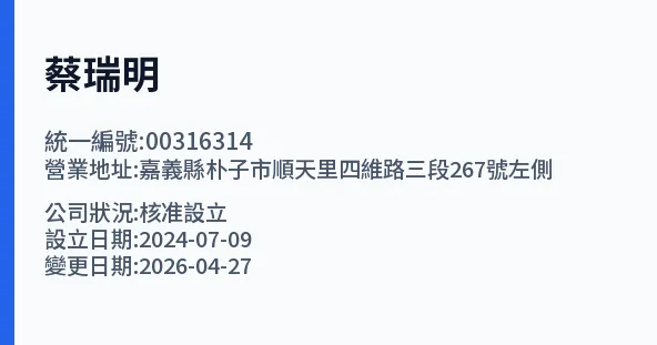 蔡瑞明的照片-統編 00316314(嘉義縣) 公司登記資料與營業項目詳細圖表