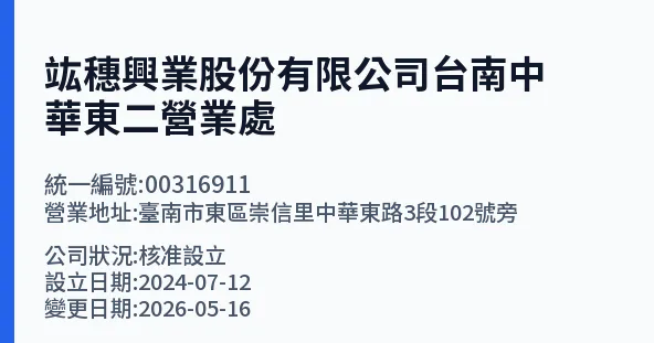 竑穗興業股份有限公司台南中華東二營業處的照片-統編 00316911(臺南市) 公司登記資料與營業項目詳細圖表