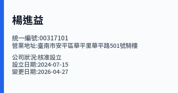 楊進益的照片-統編 00317101(臺南市) 公司登記資料與營業項目詳細圖表