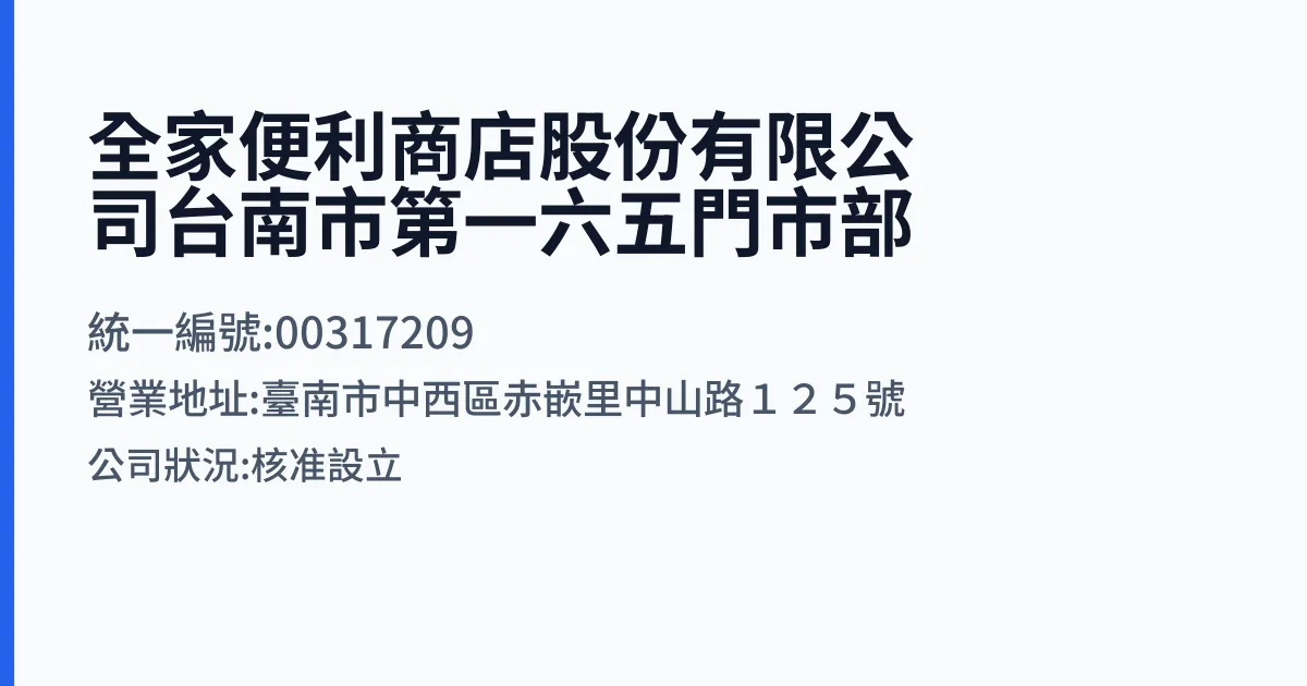 全家便利商店股份有限公司台南市第一六五門市部 - 統編 00317209(臺南市) 公司登記資料與營業項目詳細圖表