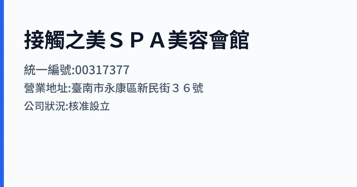 接觸之美ＳＰＡ美容會館 - 統編 00317377(臺南市) 公司登記資料與營業項目詳細圖表