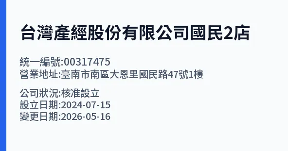 台灣產經股份有限公司國民2店的照片-統編 00317475(臺南市) 公司登記資料與營業項目詳細圖表