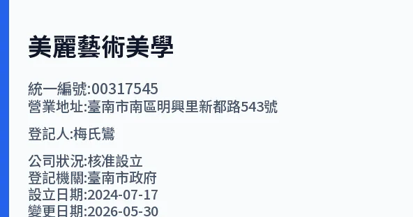 美麗藝術美學的照片-統編 00317545(臺南市) 公司登記資料與營業項目詳細圖表