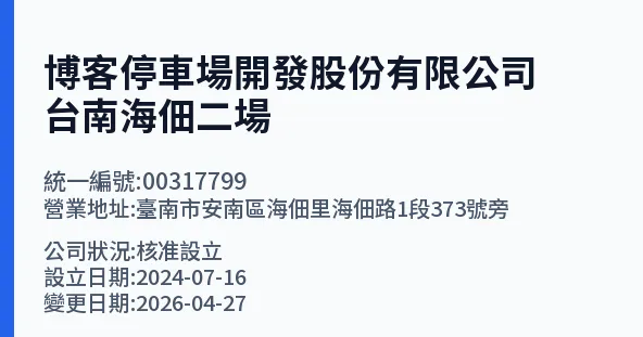 博客停車場開發股份有限公司台南海佃二場的照片-統編 00317799(臺南市) 公司登記資料與營業項目詳細圖表