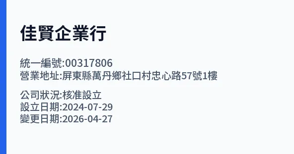 佳賢企業行的照片-統編 00317806(屏東縣) 公司登記資料與營業項目詳細圖表