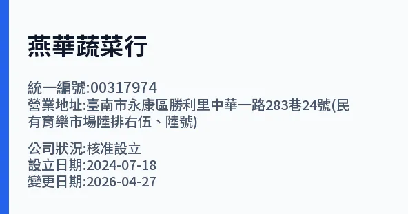 燕華蔬菜行的照片-統編 00317974(臺南市) 公司登記資料與營業項目詳細圖表