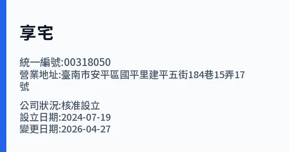 享宅的照片-統編 00318050(臺南市) 公司登記資料與營業項目詳細圖表