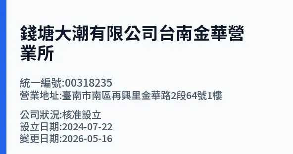 錢塘大潮有限公司台南金華營業所的照片-統編 00318235(臺南市) 公司登記資料與營業項目詳細圖表