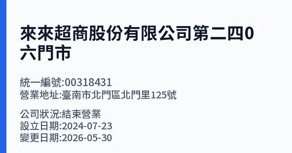來來超商股份有限公司第二四0六門市的照片-統編 00318431(臺南市) 公司登記資料與營業項目詳細圖表