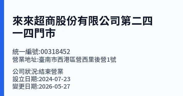 來來超商股份有限公司第二四一四門市的照片-統編 00318452(臺南市) 公司登記資料與營業項目詳細圖表