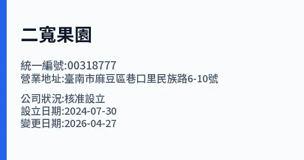 二寬果園的照片-統編 00318777(臺南市) 公司登記資料與營業項目詳細圖表
