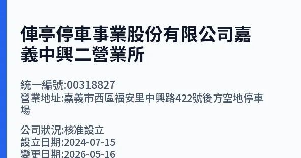 俥亭停車事業股份有限公司嘉義中興二營業所的照片-統編 00318827(嘉義市) 公司登記資料與營業項目詳細圖表
