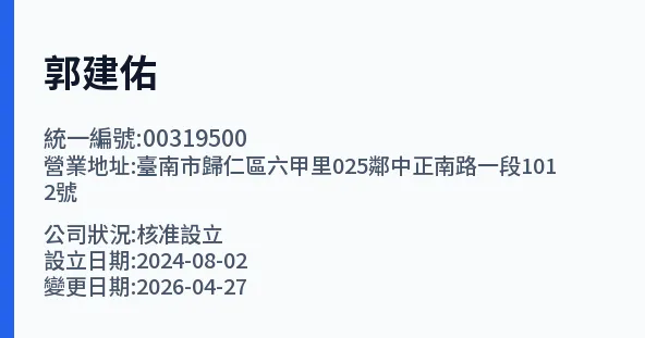 郭建佑的照片-統編 00319500(臺南市) 公司登記資料與營業項目詳細圖表