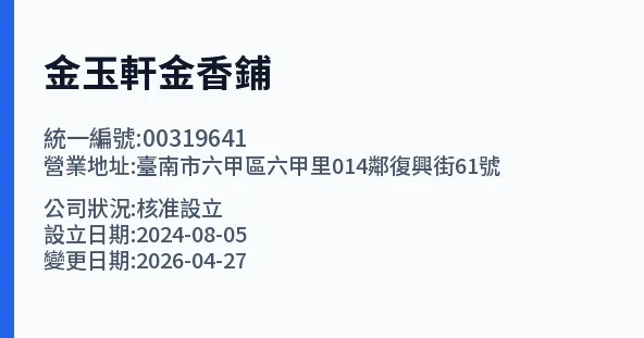 金玉軒金香鋪的照片-統編 00319641(臺南市) 公司登記資料與營業項目詳細圖表
