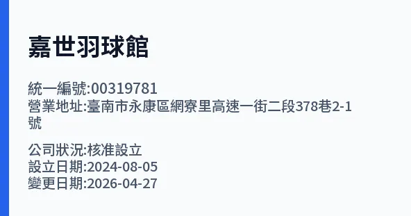 嘉世羽球館的照片-統編 00319781(臺南市) 公司登記資料與營業項目詳細圖表