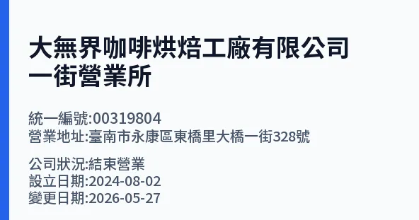 大無界咖啡烘焙工廠有限公司一街營業所的照片-統編 00319804(臺南市) 公司登記資料與營業項目詳細圖表