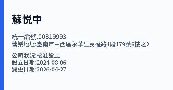 蘇悦中的照片-統編 00319993(臺南市) 公司登記資料與營業項目詳細圖表