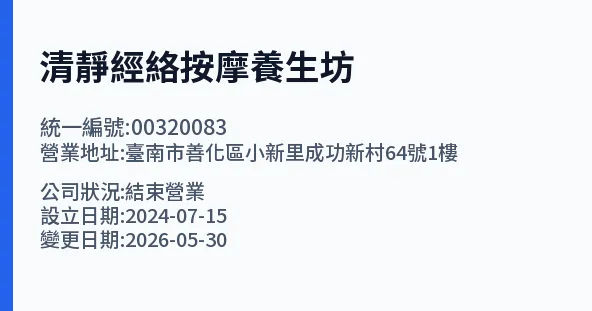 清靜經絡按摩養生坊的照片-統編 00320083(臺南市) 公司登記資料與營業項目詳細圖表
