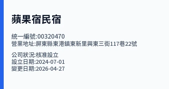 蘋果宿民宿的照片-統編 00320470(屏東縣) 公司登記資料與營業項目詳細圖表