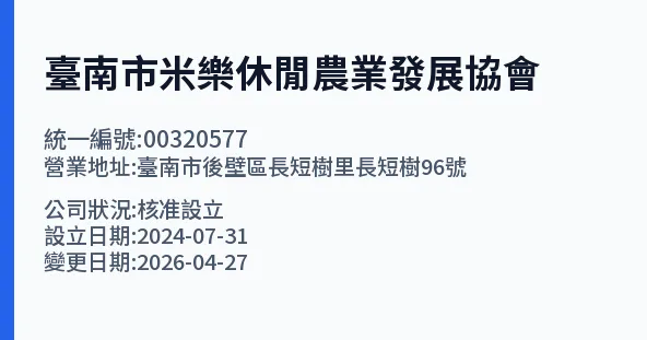 臺南市米樂休閒農業發展協會的照片-統編 00320577(臺南市) 公司登記資料與營業項目詳細圖表