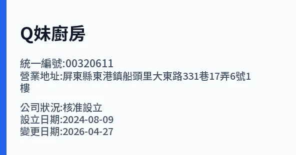 Q妹廚房的照片-統編 00320611(屏東縣) 公司登記資料與營業項目詳細圖表