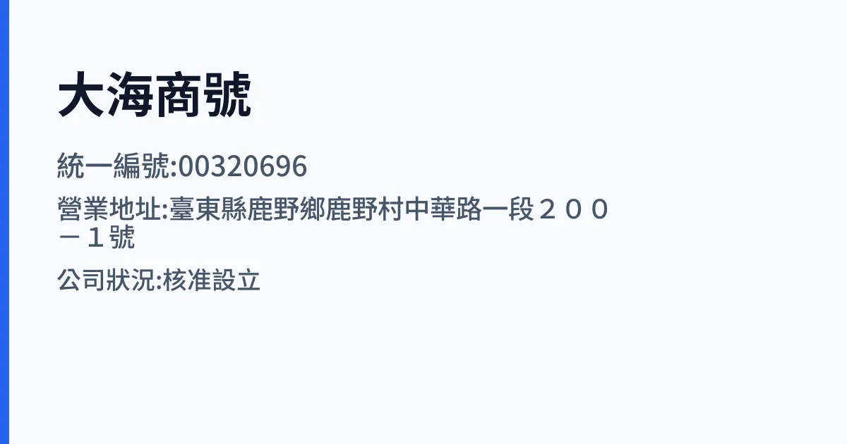 大海商號 - 統編 00320696(臺東縣) 公司登記資料與營業項目詳細圖表