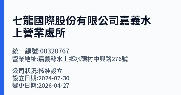 七龍國際股份有限公司嘉義水上營業處所的照片-統編 00320767(嘉義縣) 公司登記資料與營業項目詳細圖表