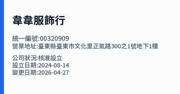 韋韋服飾行的照片-統編 00320909(臺東縣) 公司登記資料與營業項目詳細圖表