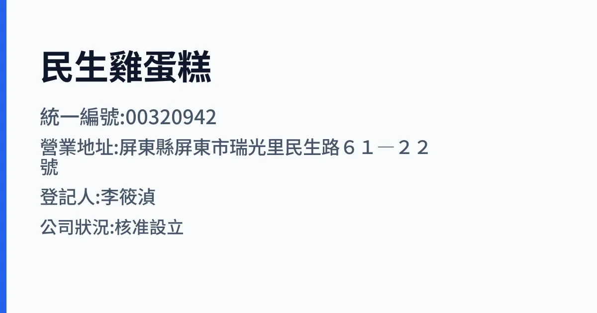 民生雞蛋糕 - 統編 00320942(屏東縣) 公司登記資料與營業項目詳細圖表