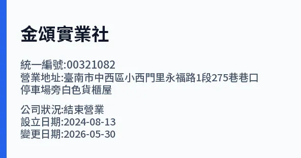 金頌實業社的照片-統編 00321082(臺南市) 公司登記資料與營業項目詳細圖表