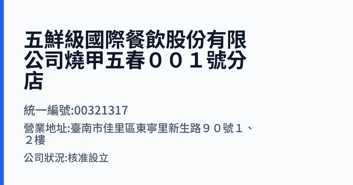 五鮮級國際餐飲股份有限公司燒甲五春００１號分店 - 統編 00321317（臺南市） 公司登記資料與營業項目詳細圖表