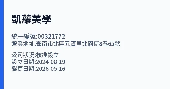 凱蘿美學的照片-統編 00321772(臺南市) 公司登記資料與營業項目詳細圖表