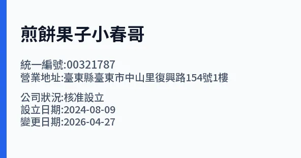煎餅果子小春哥的照片-統編 00321787(臺東縣) 公司登記資料與營業項目詳細圖表