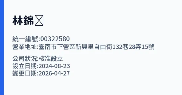 林錦鳯的照片-統編 00322580(臺南市) 公司登記資料與營業項目詳細圖表