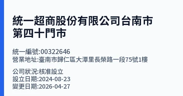 統一超商股份有限公司台南市第四十門市的照片-統編 00322646(臺南市) 公司登記資料與營業項目詳細圖表