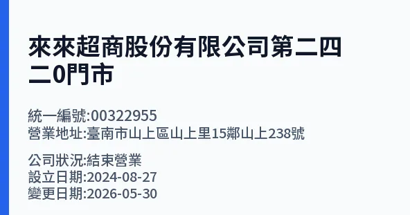 來來超商股份有限公司第二四二0門市的照片-統編 00322955(臺南市) 公司登記資料與營業項目詳細圖表