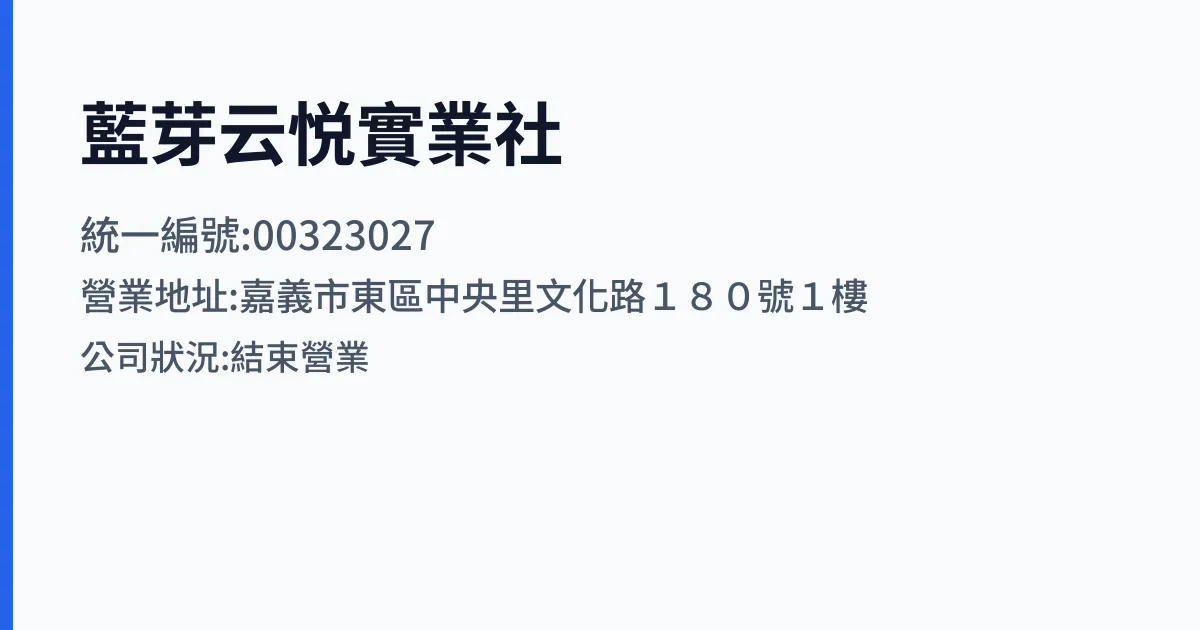 藍芽云悦實業社 - 統編 00323027(嘉義市) 公司登記資料與營業項目詳細圖表