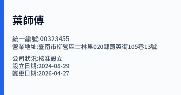葉師傅的照片-統編 00323455(臺南市) 公司登記資料與營業項目詳細圖表