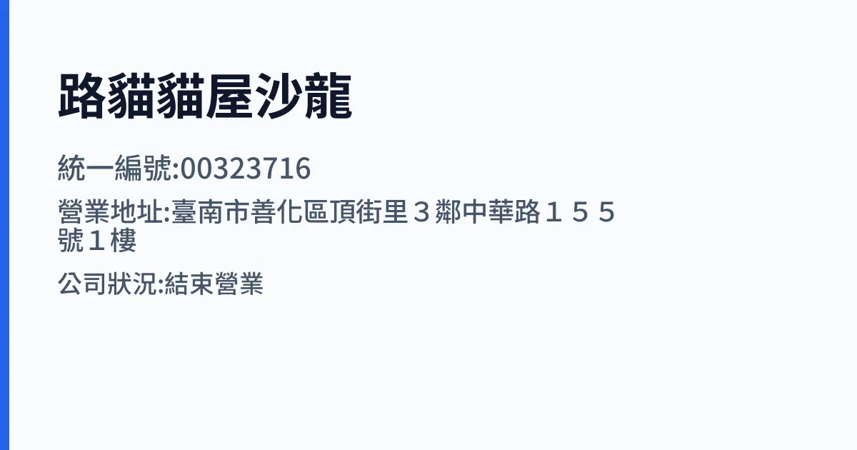 路貓貓屋沙龍 - 統編 00323716(臺南市) 公司登記資料與營業項目詳細圖表