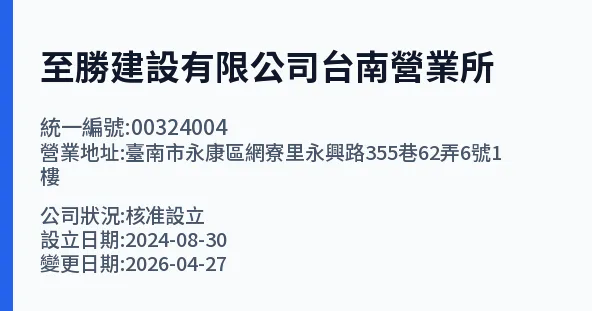 至勝建設有限公司台南營業所的照片-統編 00324004(臺南市) 公司登記資料與營業項目詳細圖表