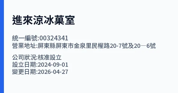 進來涼冰菓室的照片-統編 00324341(屏東縣) 公司登記資料與營業項目詳細圖表