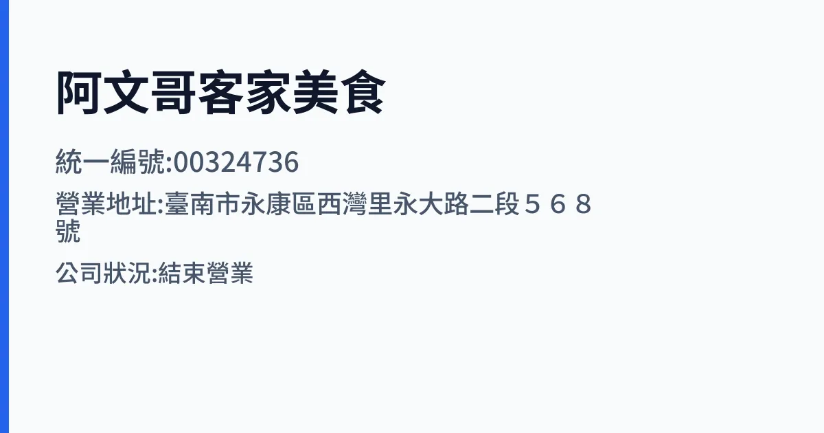 阿文哥客家美食 - 統編 00324736(臺南市) 公司登記資料與營業項目詳細圖表