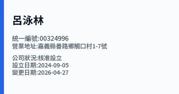 呂泳林的照片-統編 00324996(嘉義縣) 公司登記資料與營業項目詳細圖表