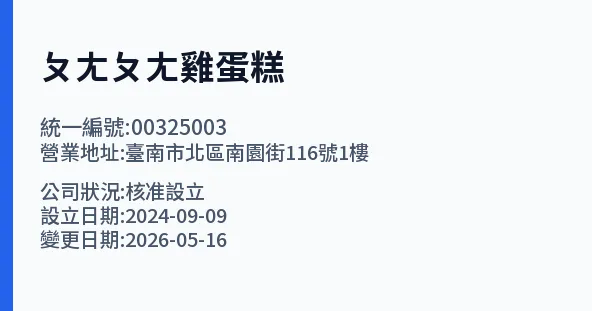 ㄆㄤㄆㄤ雞蛋糕的照片-統編 00325003(臺南市) 公司登記資料與營業項目詳細圖表