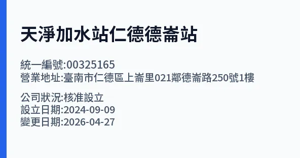 天淨加水站仁德德崙站的照片-統編 00325165(臺南市) 公司登記資料與營業項目詳細圖表